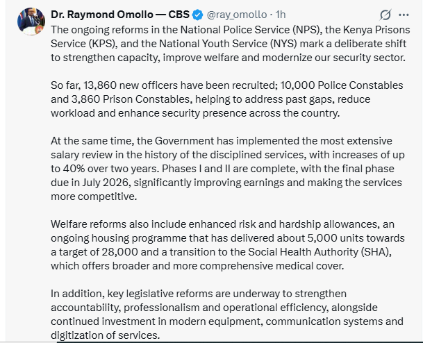 PS Omollo: Security reforms on track as recruitment, pay rises take ...