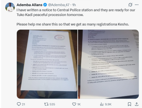 Ademba Allans announces peaceful Nairobi protests to boost voter ...