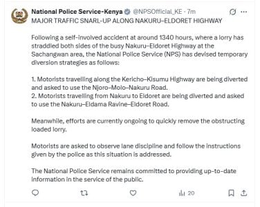 Police issue heavy traffic advisory along the Nakuru-Eldoret Highway ...
