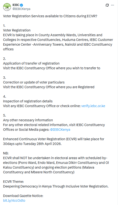 IEBC lists services available to Kenyans during voter registration ...