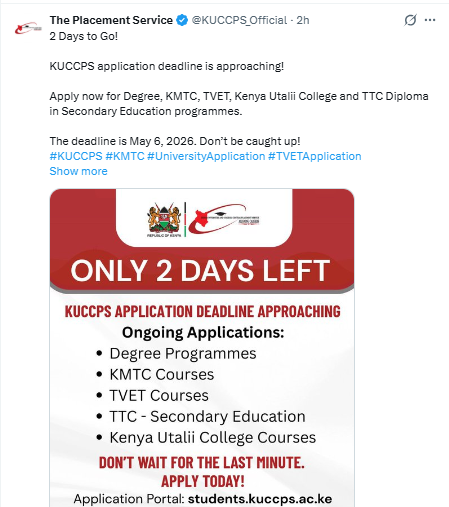 KUCCPS issues final reminder as 2026 application deadline nears ...