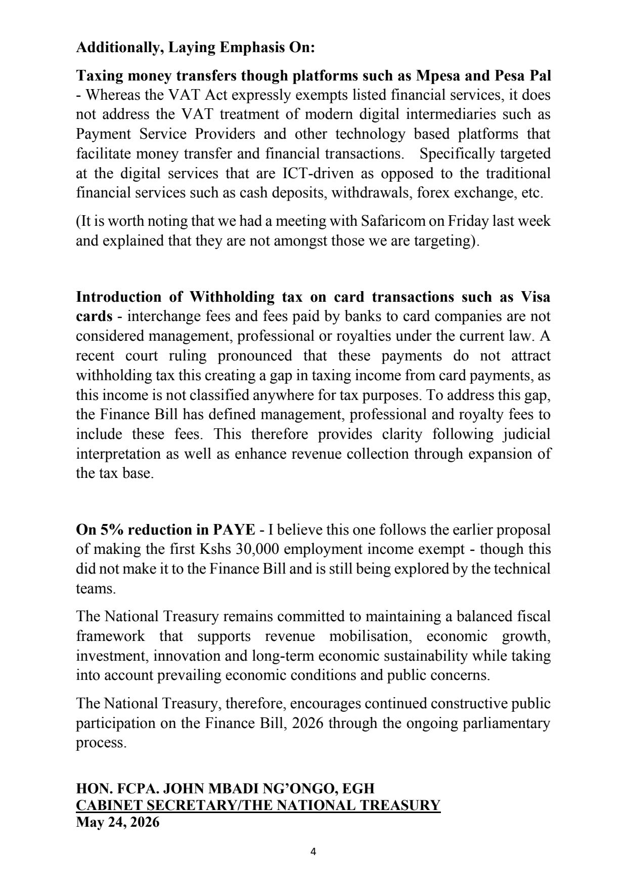 Mbadi defends proposed withholding tax on Visa card transactions ...