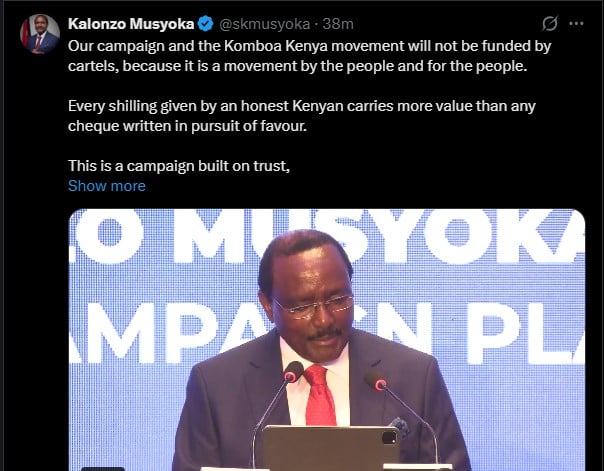 Kalonzo: Komboa Kenya movement will not be funded by cartels - People Daily