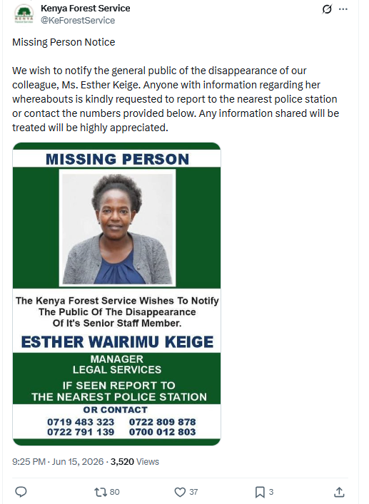 Kenya Forest Service seeks public help after senior manager goes ...