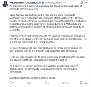 Wavinya Ndeti urges investigation into rising murder cases in Machakos ...