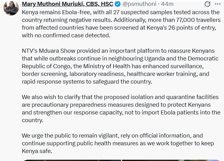 Kenya remains Ebola-free as 27 suspected cases test negative, says PS ...
