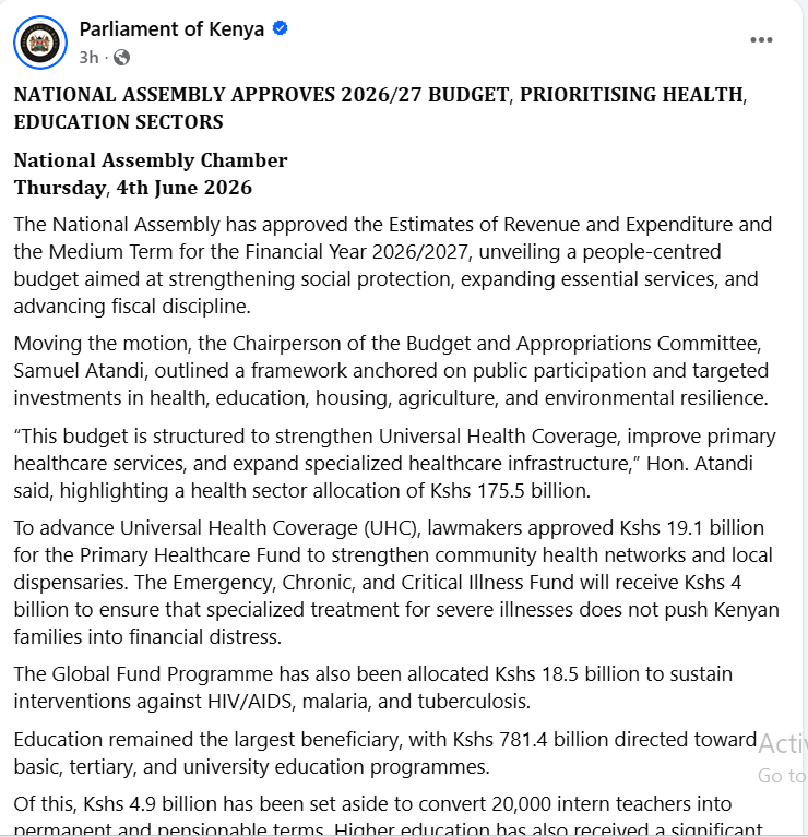 Parliament approves 2026/27 Budget as health and education take lion’s ...